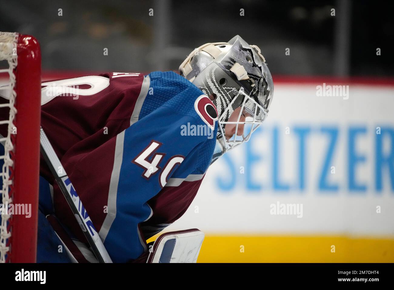 Colorado Avalanche goaltender Alexandar Georgiev takes a break in the ...