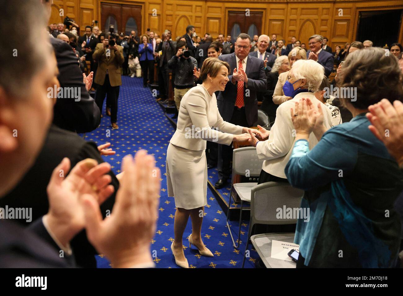 Massachusetts Governor Maura Healey greets lawmakers as she arrives for ...