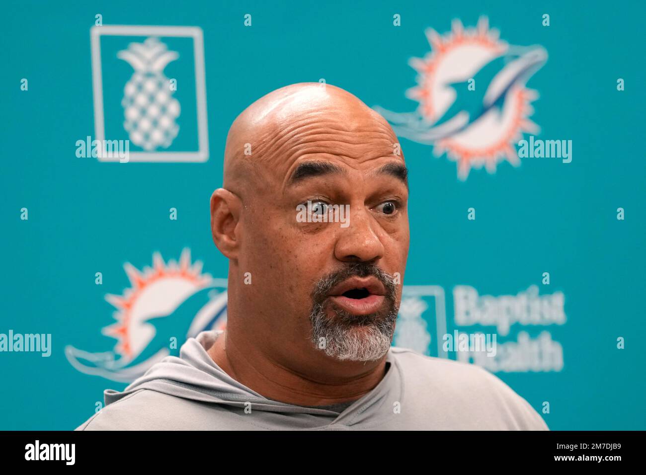 Miami Dolphins running backs coach Eric Studesville speaks during a ...