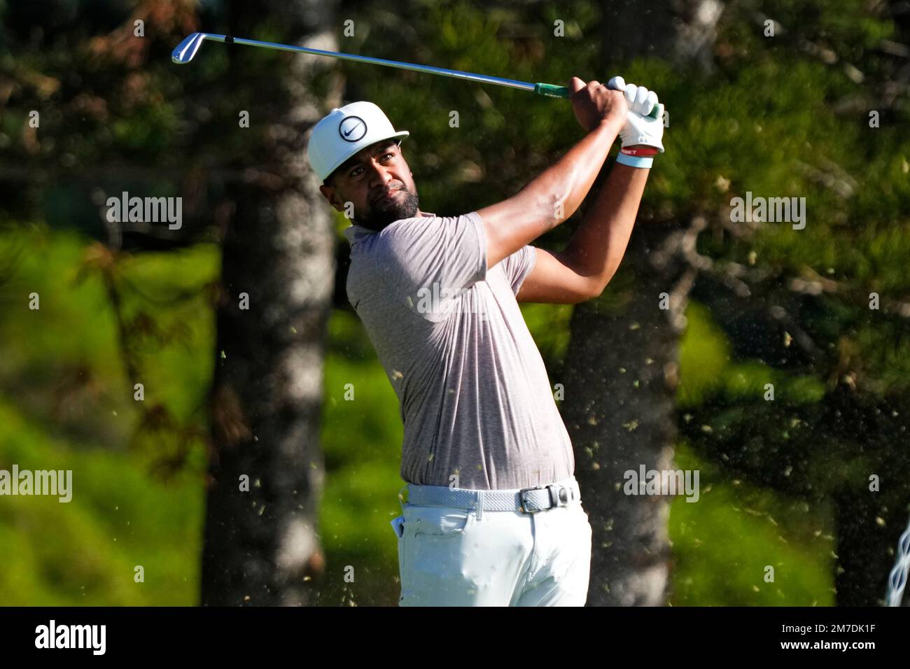 Tony Finau plays his shot from the second tee during the first round of ...