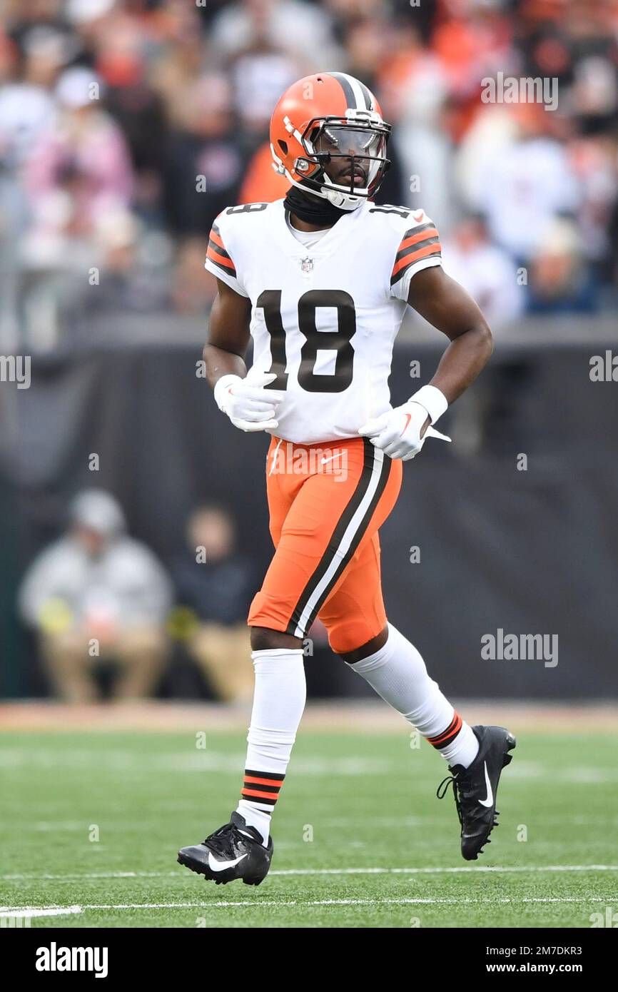 Cleveland Browns wide receiver David Bell (18) runs for the play during an NFL football game ...