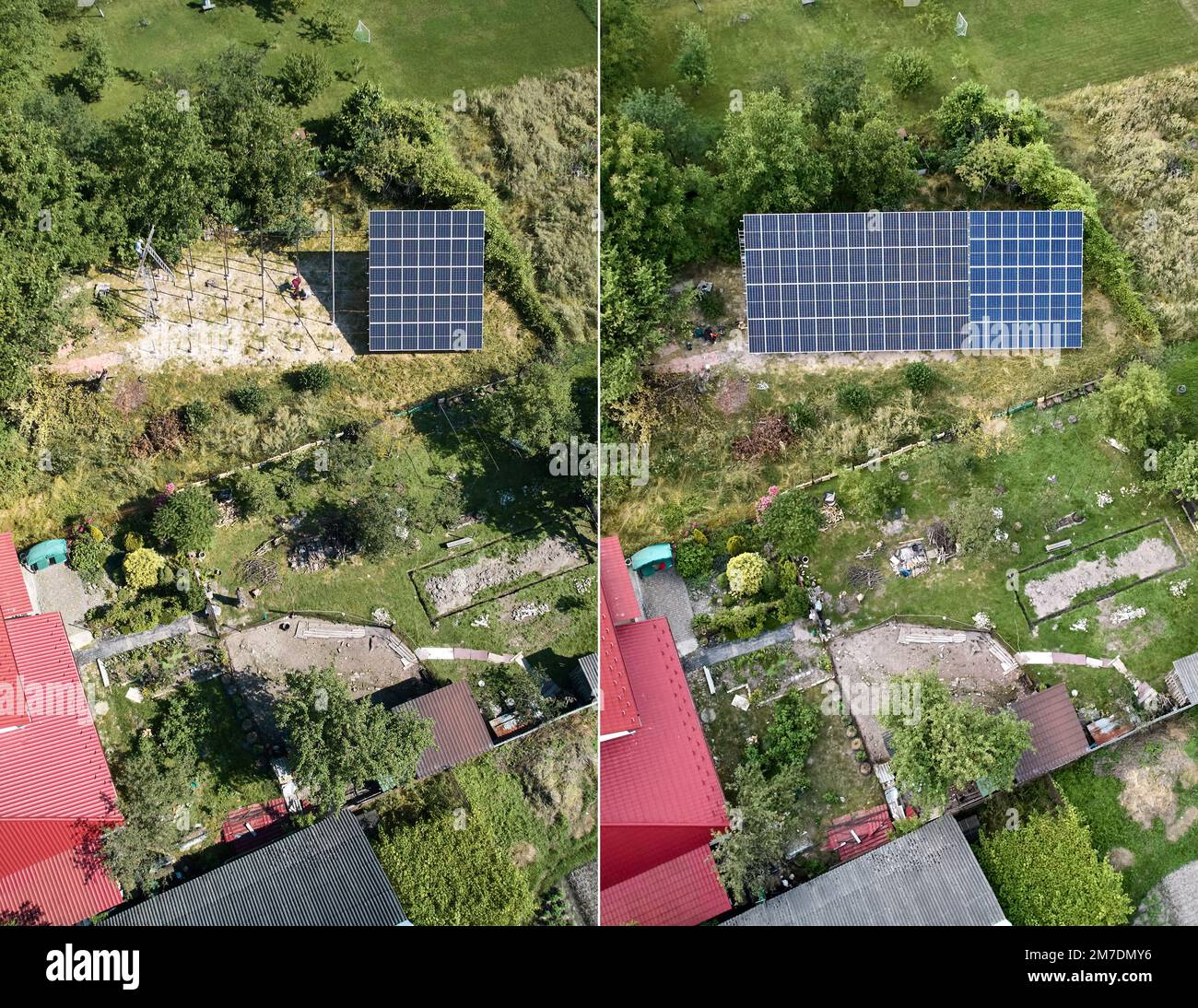 Collage of installing and ready solar panels in field at sunny day ...
