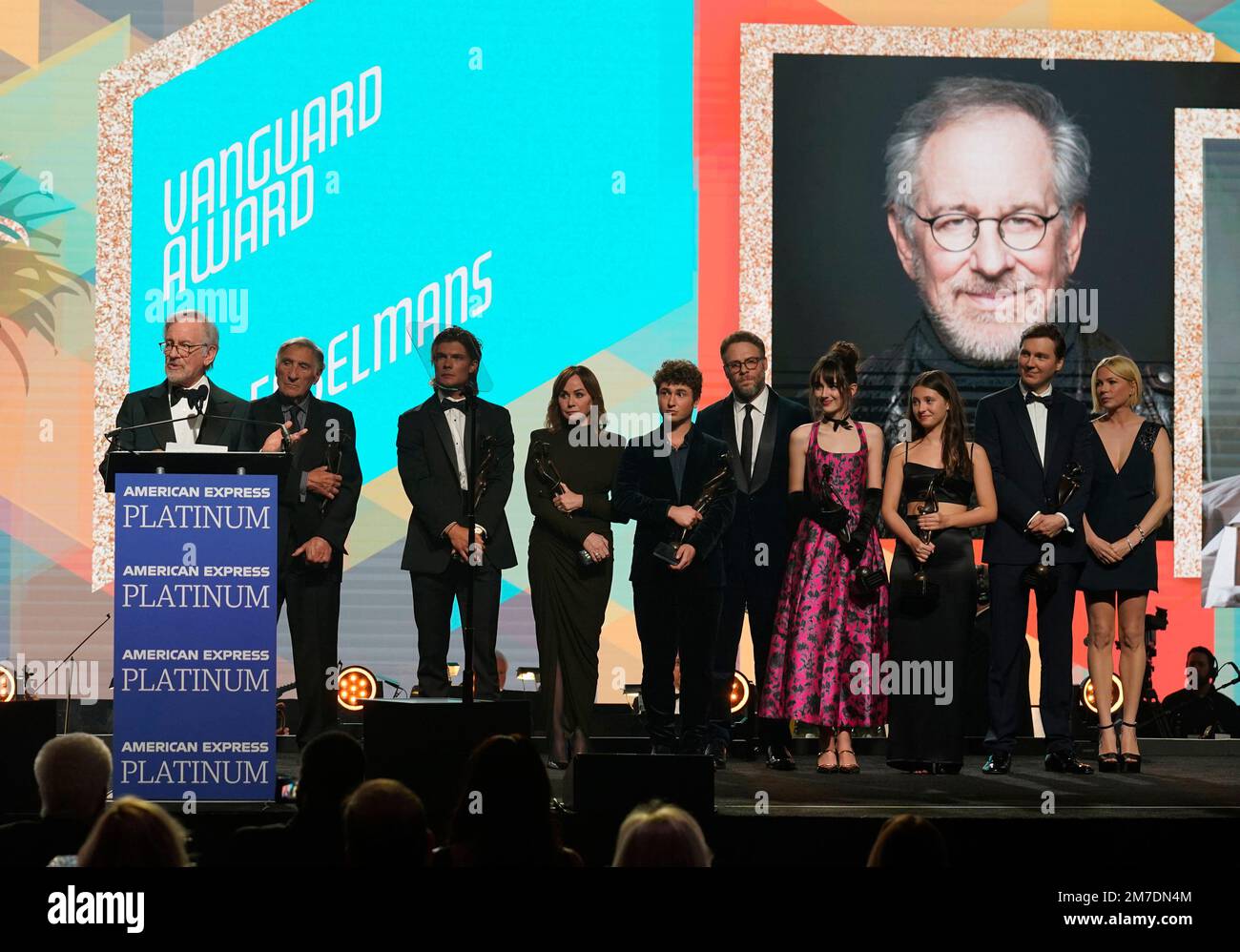 The cast and crew of "The Fabelmans" accept the Vanguard award at the ...