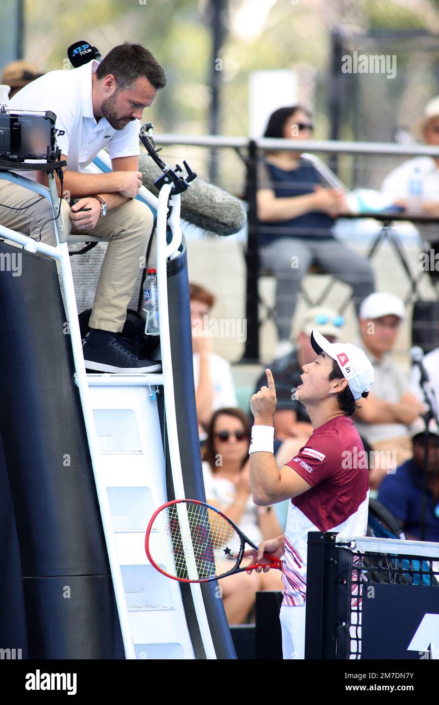 Japan's Yoshihito Nishioka argues with the chair umpire Christian Rask ...