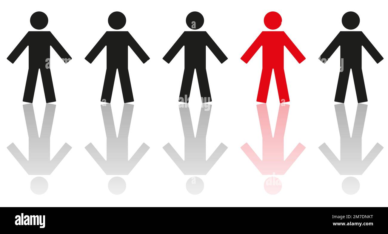 Individuality concept. One individual red man with different black ...
