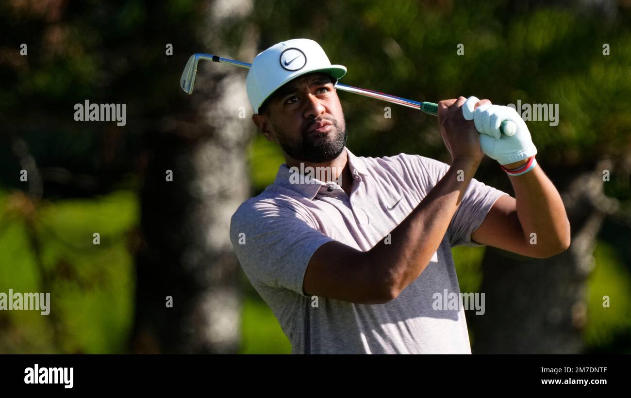 Tony Finau plays his shot from the second tee during the first round of ...