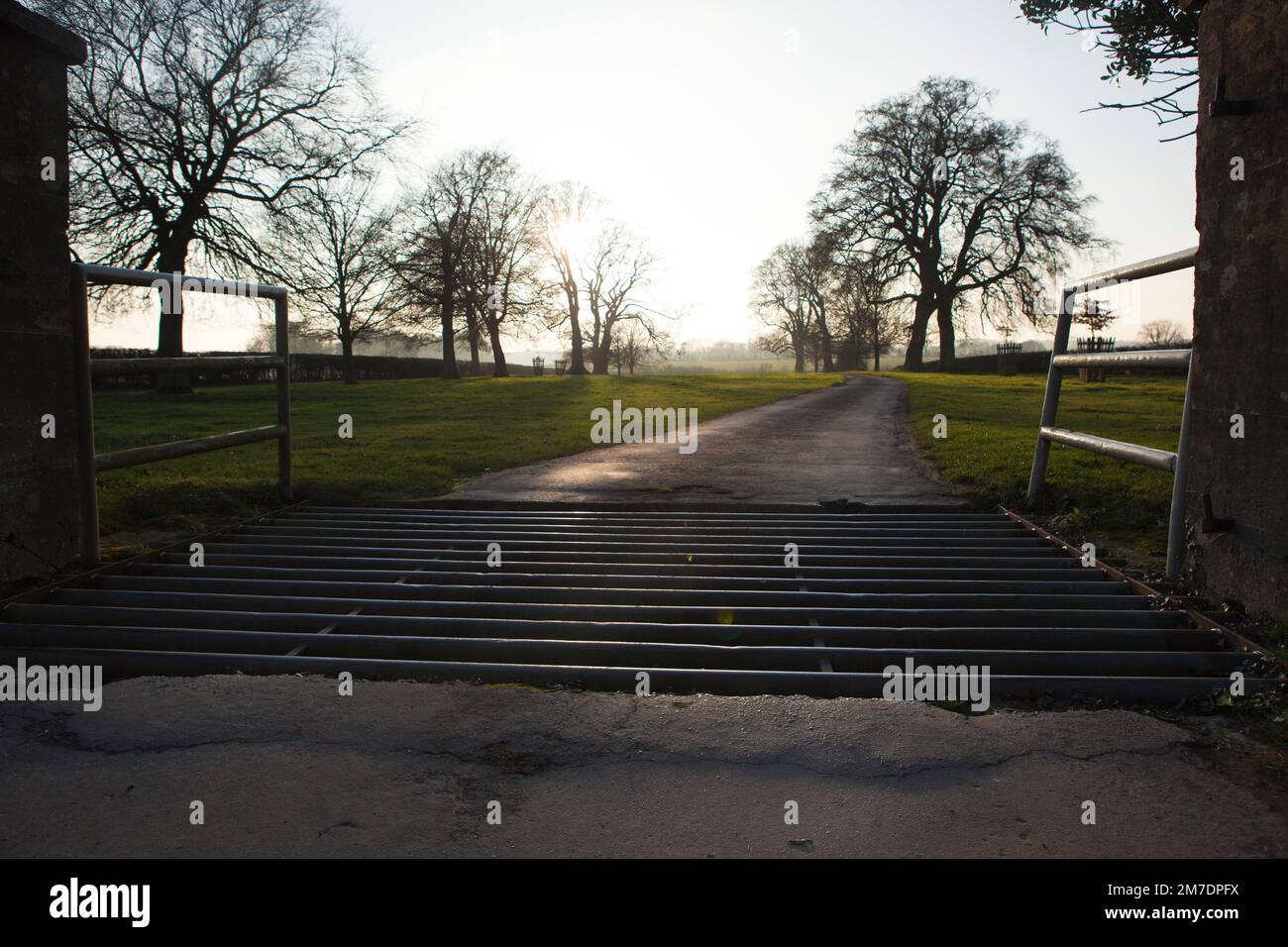 The cattle grid and driveway at the entrance to a country estate or ...