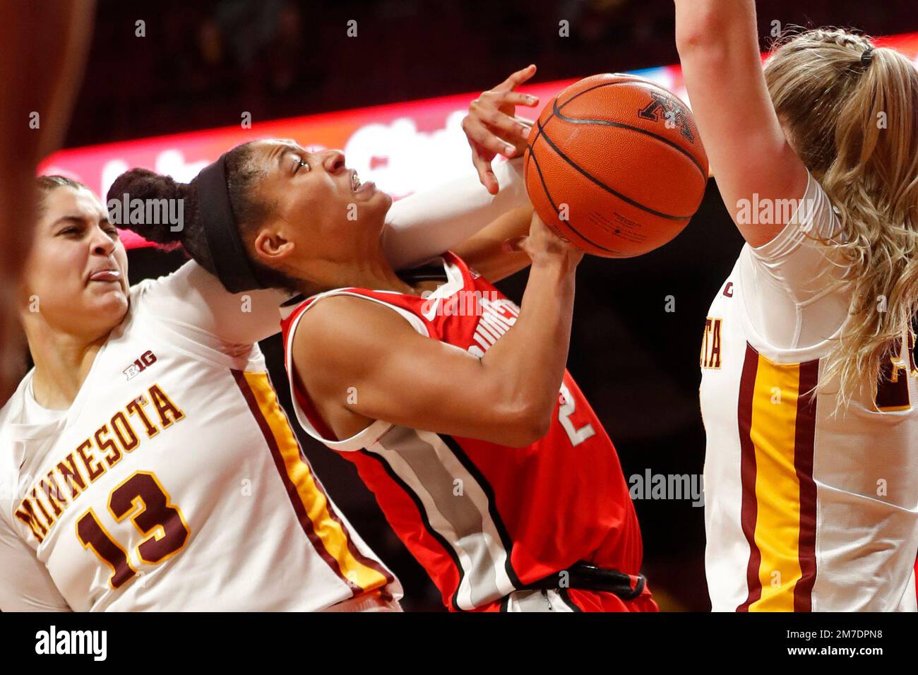 Minnesota center Destinee Oberg (13) blocks Ohio State forward Taylor ...