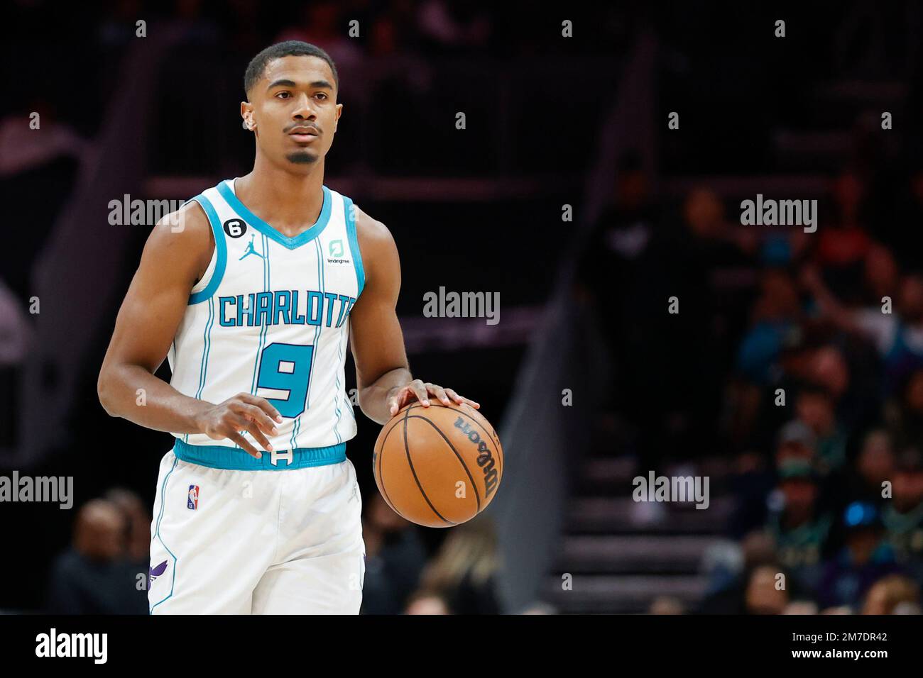 Charlotte Hornets guard Theo Maledon brings the ball up court during ...