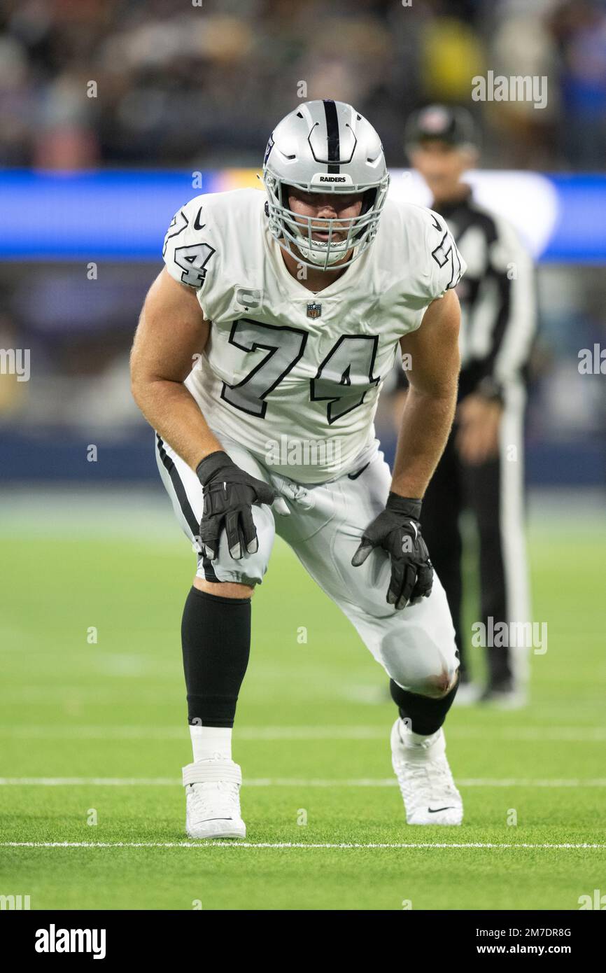 Las Vegas Raiders offensive tackle Kolton Miller (74) takes his stance ...