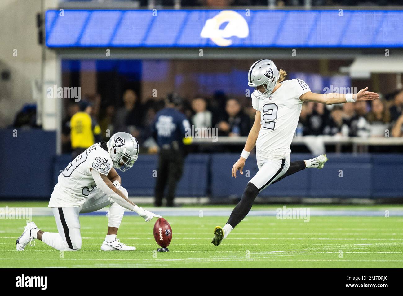 Las Vegas Raiders place kicker Daniel Carlson (2) kicks during an NFL ...