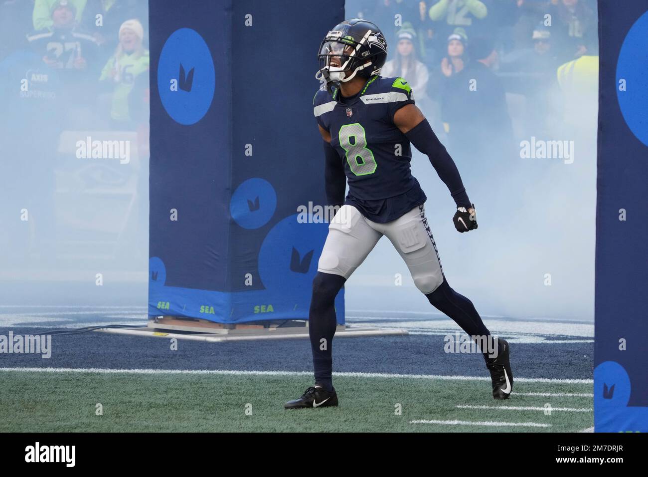 Seattle Seahawks cornerback Coby Bryant (8) is introduced before an NFL ...