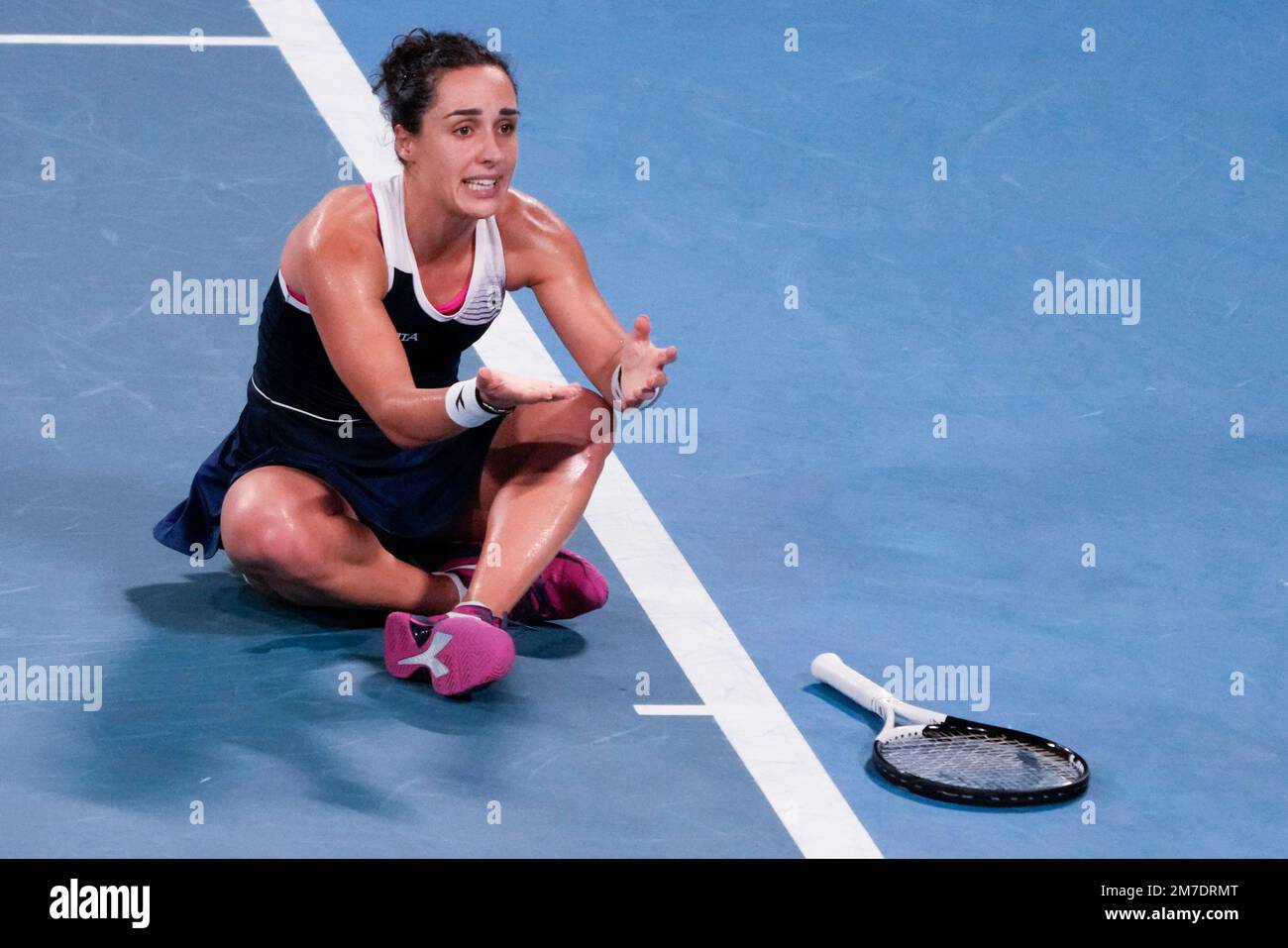 Italy's Martina Trevisan reacts after losing a point to Maria Sakkari ...
