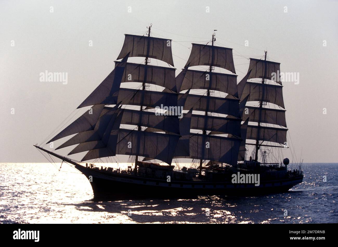 Three masted Russian ship Pallada at sunrise, Pacific, 1997 Stock Photo ...