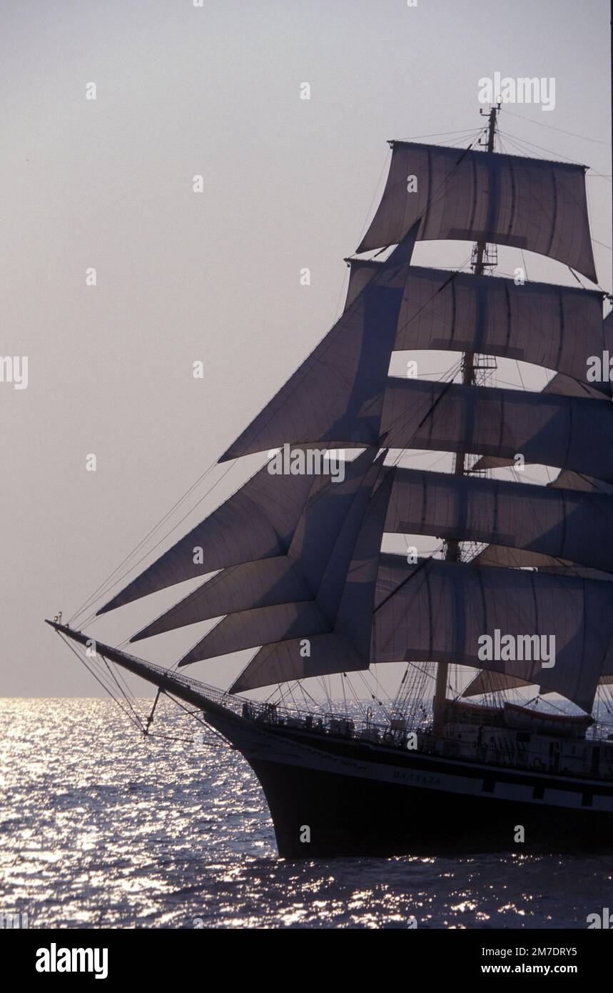 Three masted Russian ship Pallada at sunrise, Pacific, 1997 Stock Photo ...