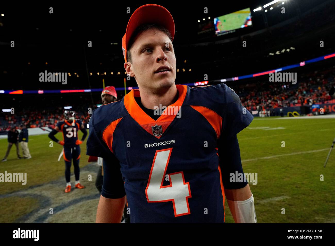 Denver Broncos quarterback Brett Rypien (4) leaves the field after an ...