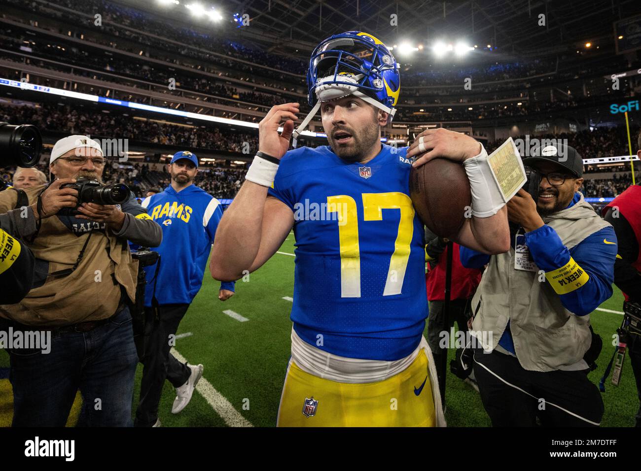 Los Angeles Rams quarterback Baker Mayfield (17) after an NFL football ...