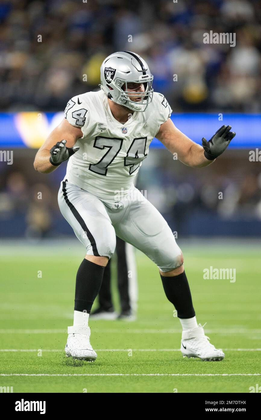 Las Vegas Raiders offensive tackle Kolton Miller (74) takes his stance ...