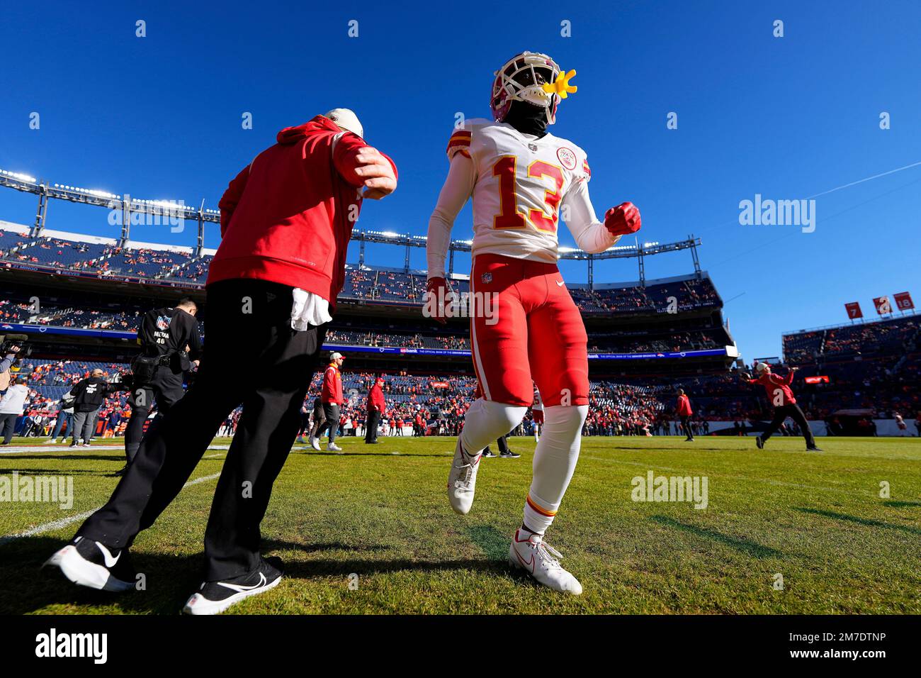 Kansas City Chiefs safety Nazeeh Johnson warms up against the Denver ...