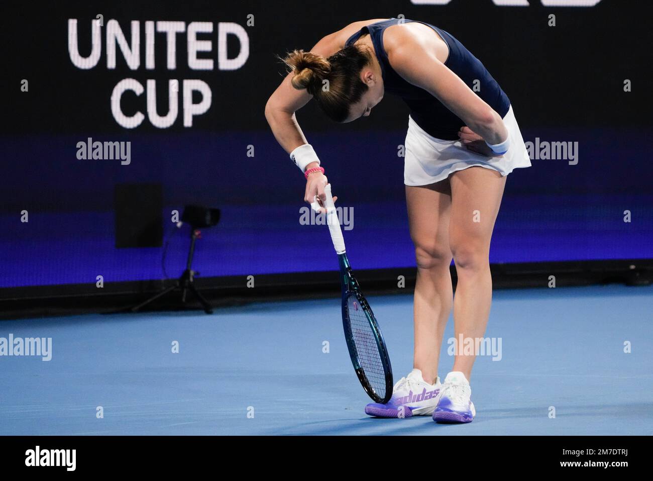Maria Sakkari of Greece reacts after losing a point to Italy's Martina ...