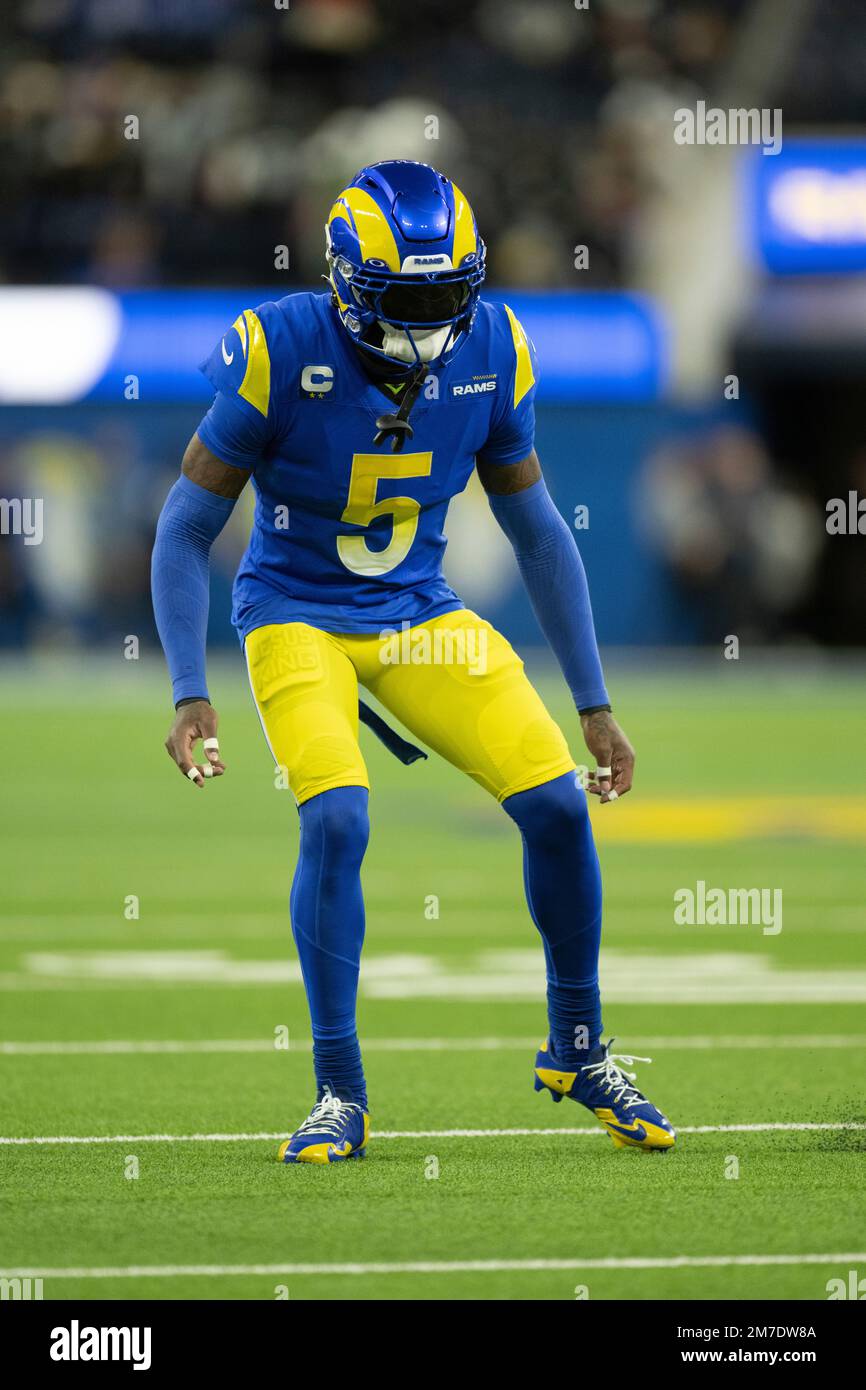 Los Angeles Rams cornerback Jalen Ramsey (5) takes his stance before an ...