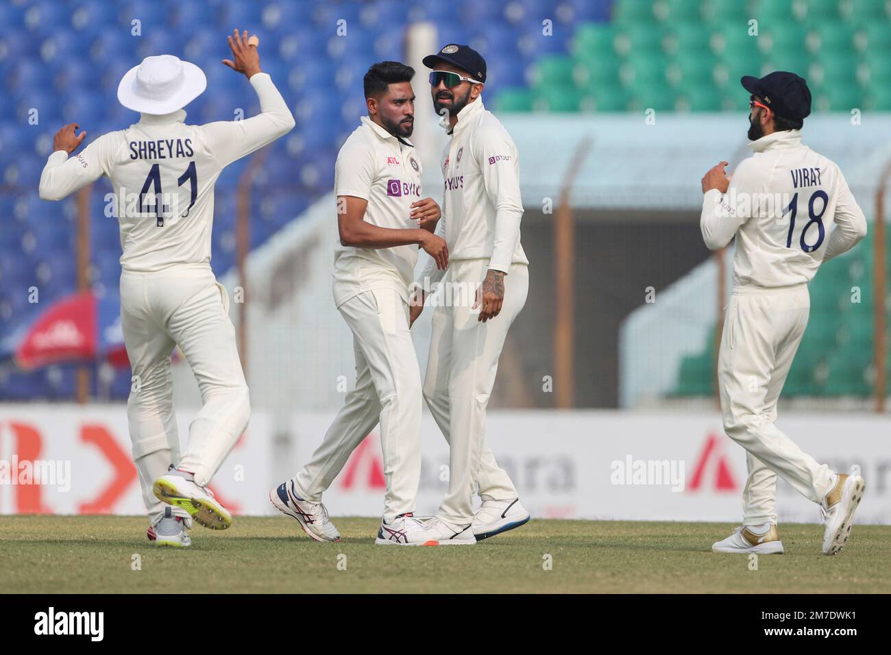 India's Mohammed Siraj, second left celebrates the wicket of Bangladesh ...
