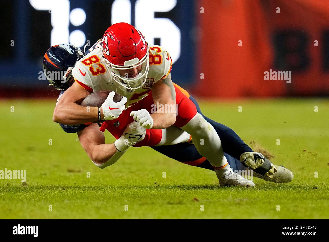 Kansas City Chiefs tight end Noah Gray (83) is tackled by Denver ...