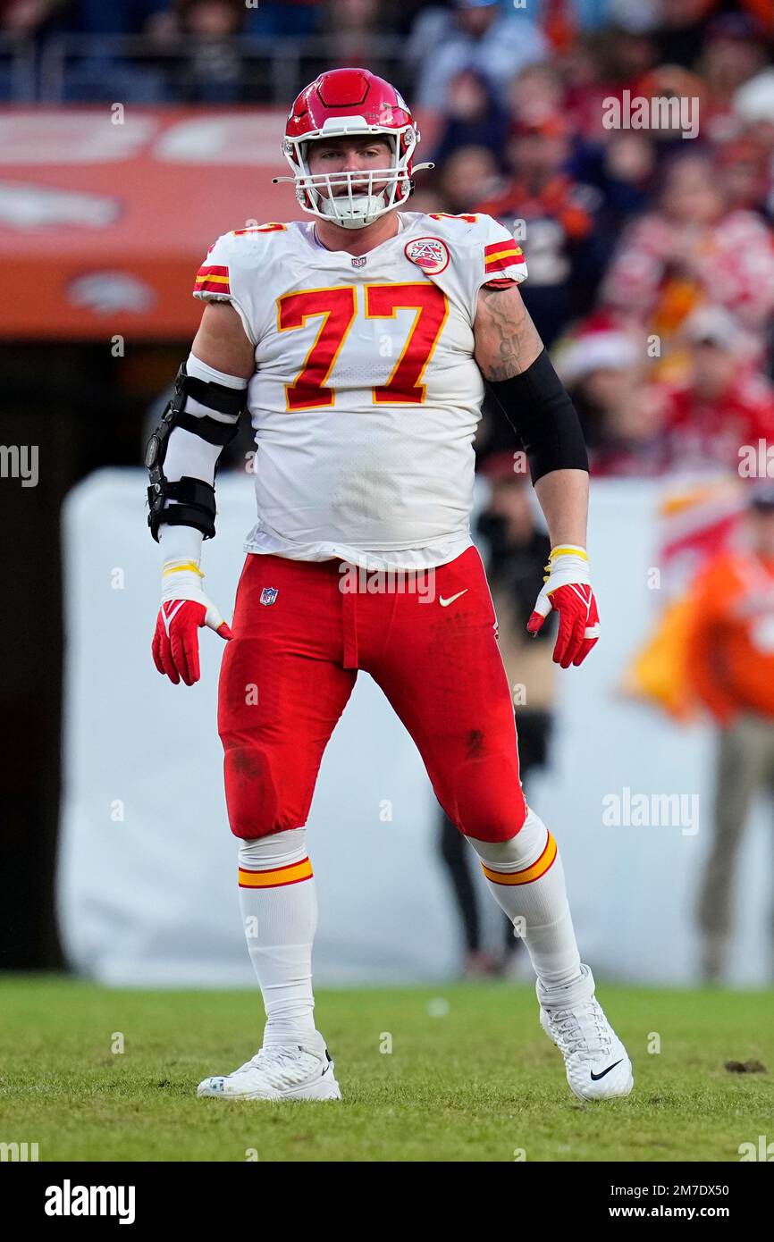 Kansas City Chiefs guard Andrew Wylie (77) looks on against the Denver ...