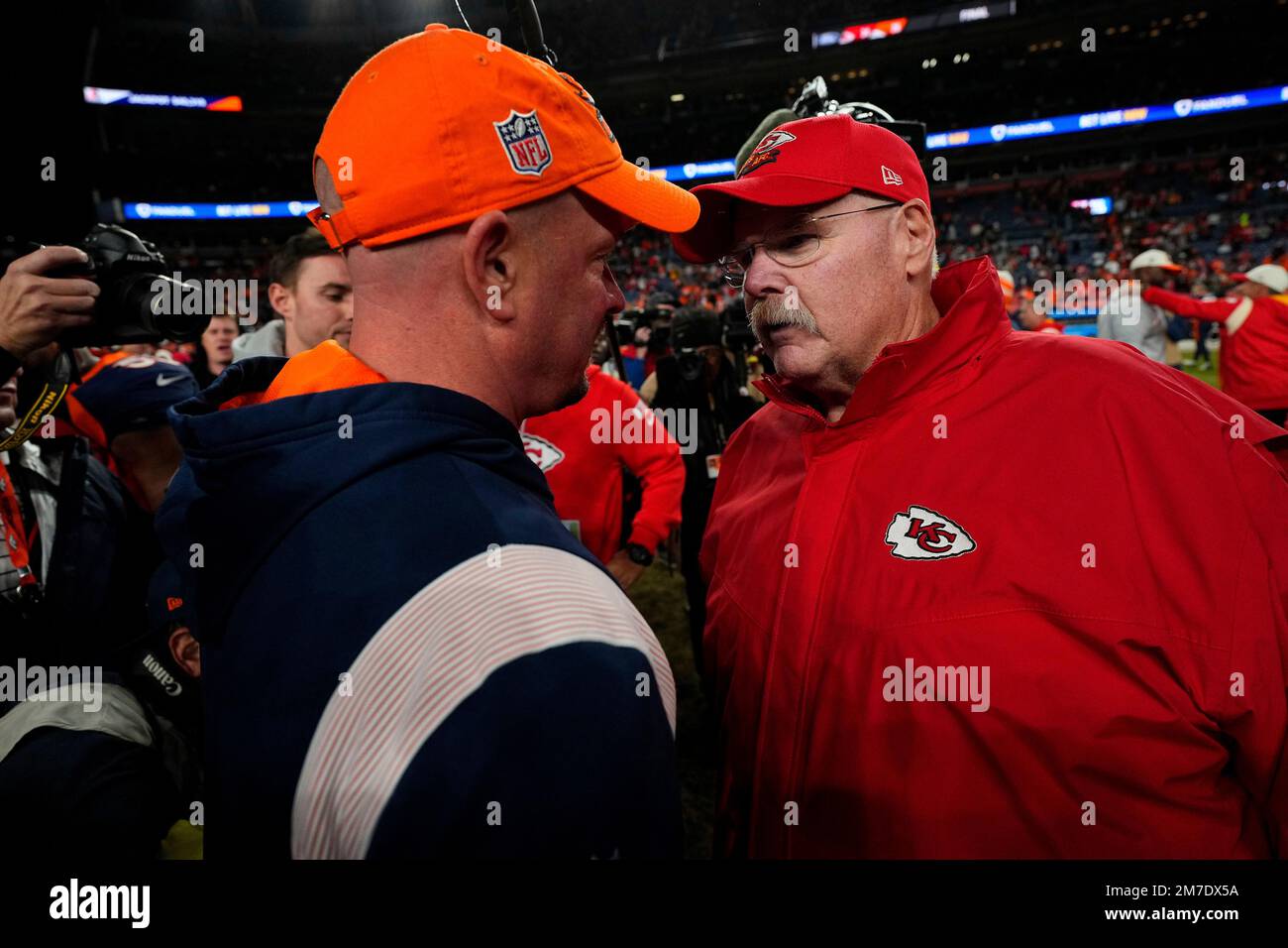 Denver Broncos head coach Nathaniel Hackett talks with Kansas City ...