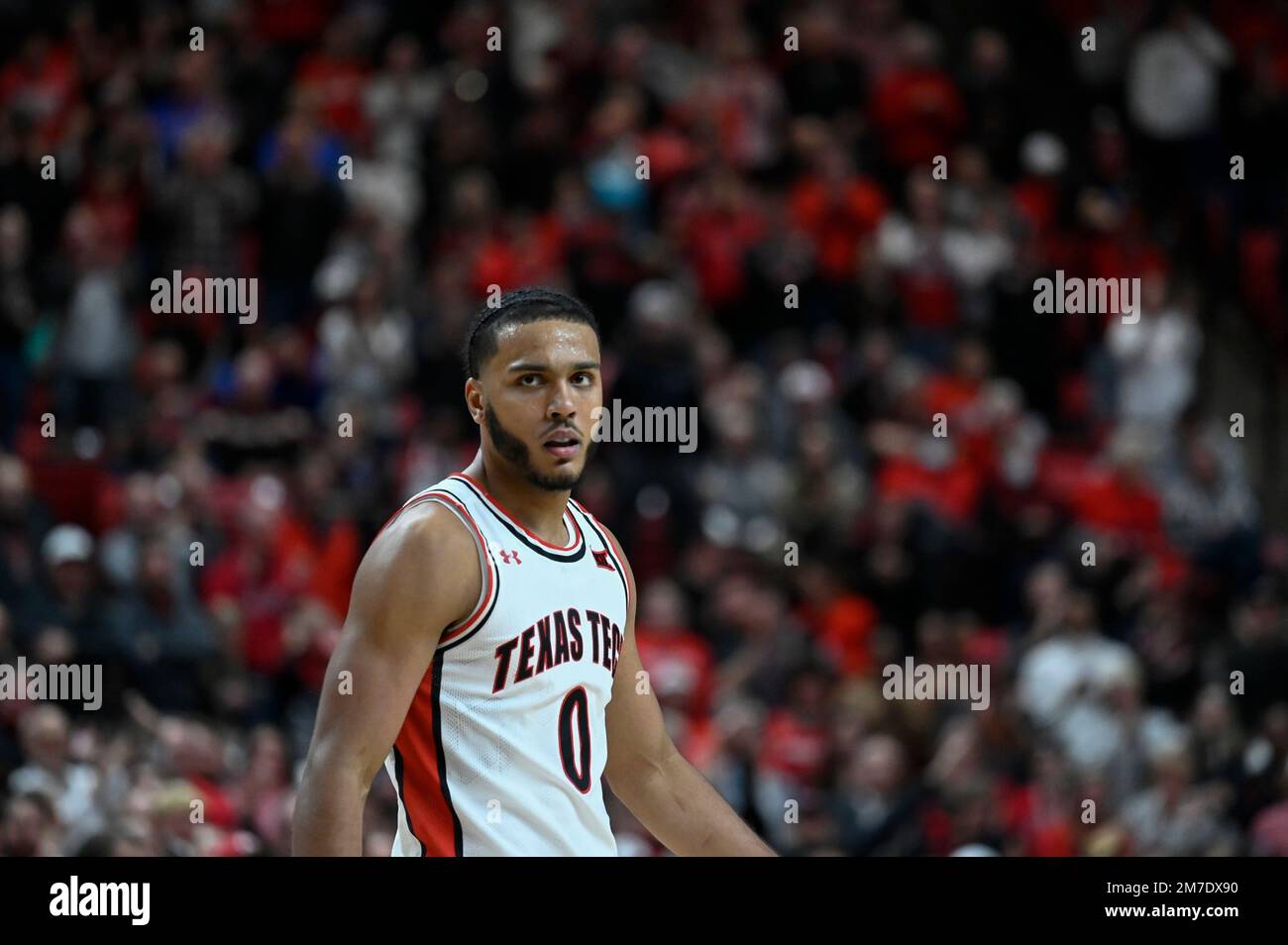 Texas Tech forward Kevin Obanor (0) on the court against Kansas during ...