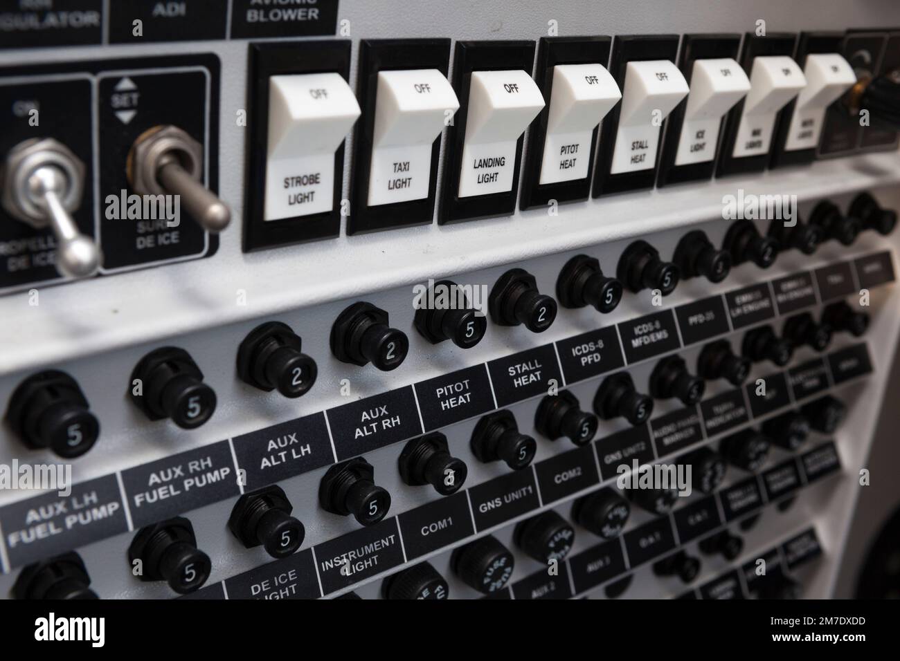 Controls, switches and buttons in the cockpit of a small light aircraft ...