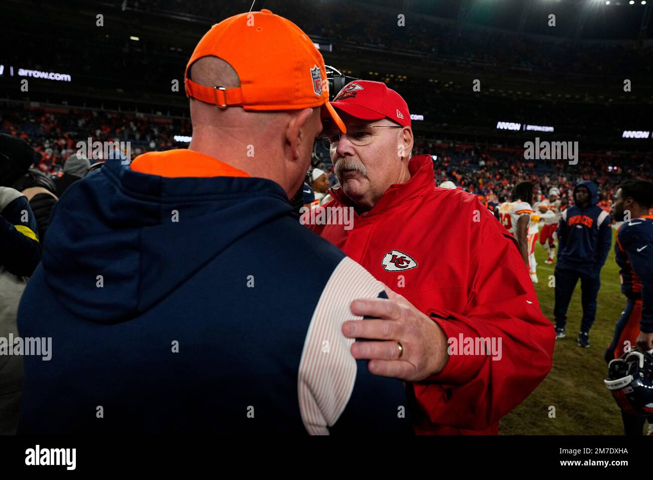 Denver Broncos head coach Nathaniel Hackett talks with Kansas City ...