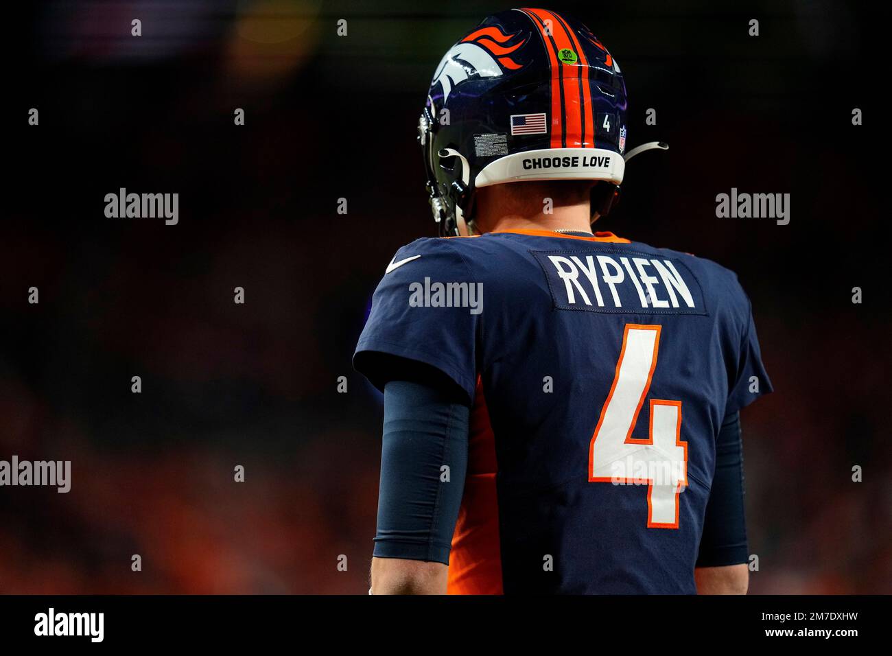 Denver Broncos quarterback Brett Rypien (4) looks on against the Kansas ...