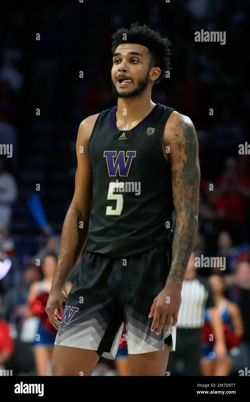Washington guard Jamal Bey (5) during the second half of an NCAA college basketball game against ...