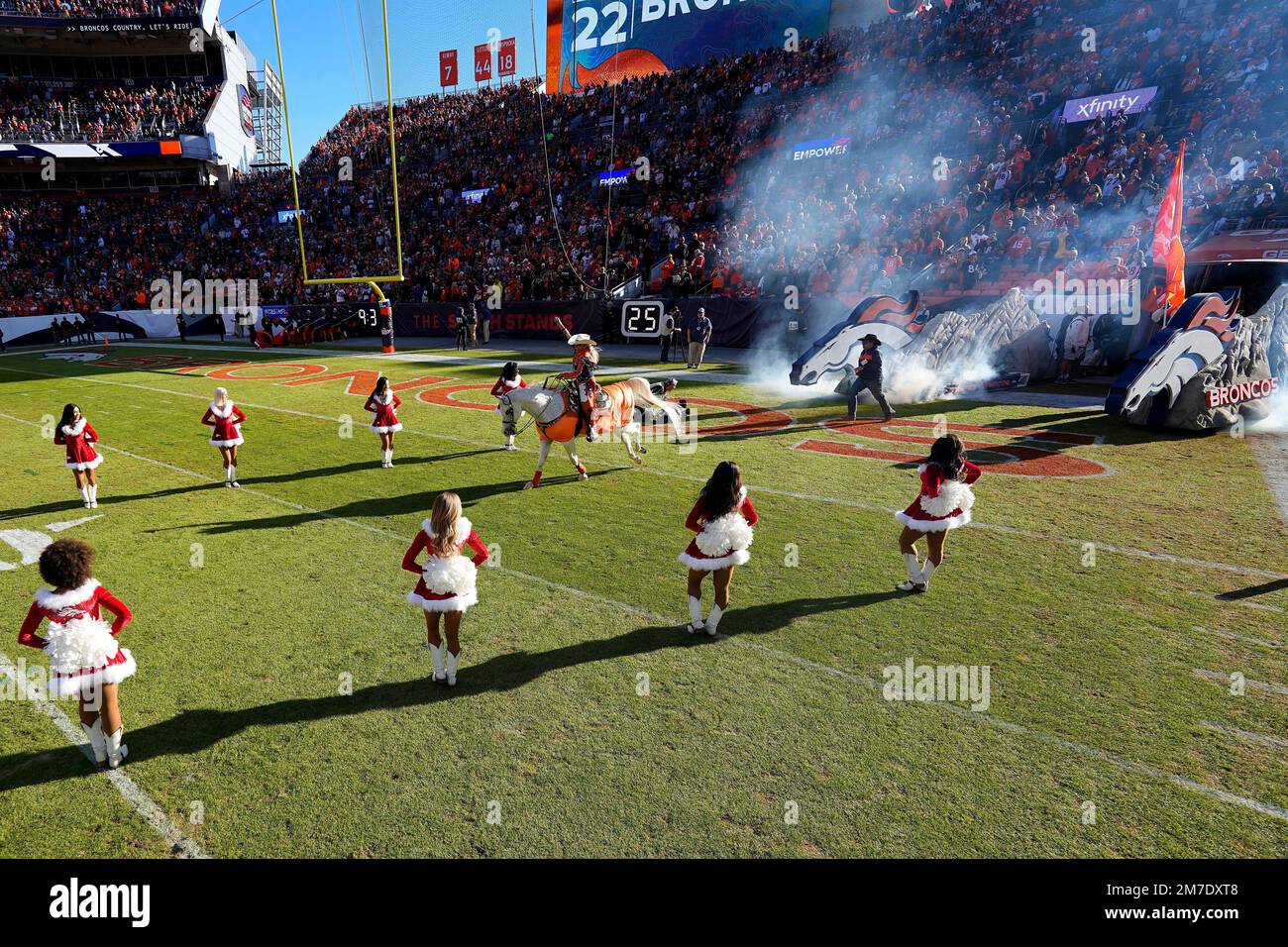 Denver Broncos mascot Thunder takes the field before an NFL football ...