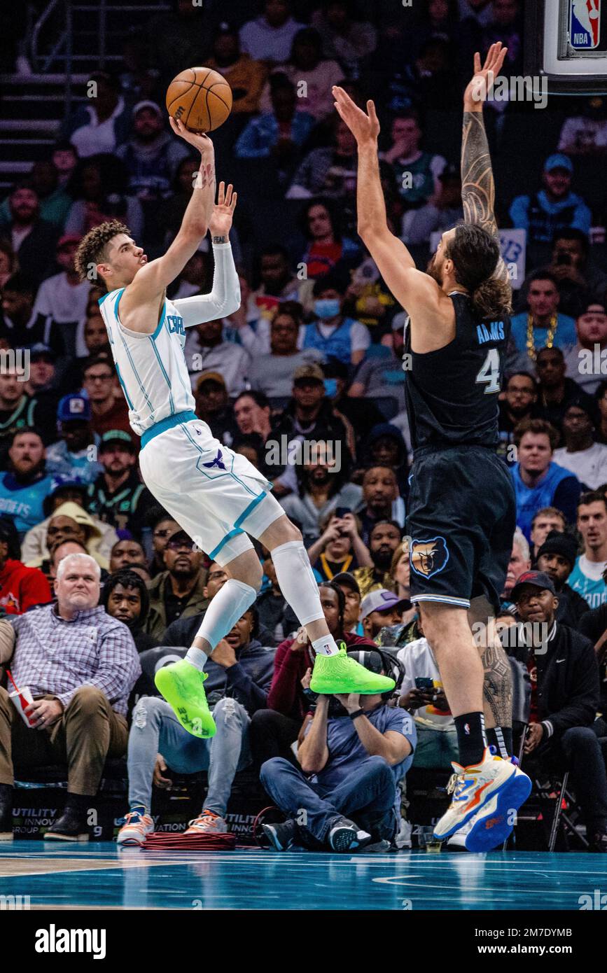 Charlotte Hornets guard LaMelo Ball (1) shoots over Memphis Grizzlies ...