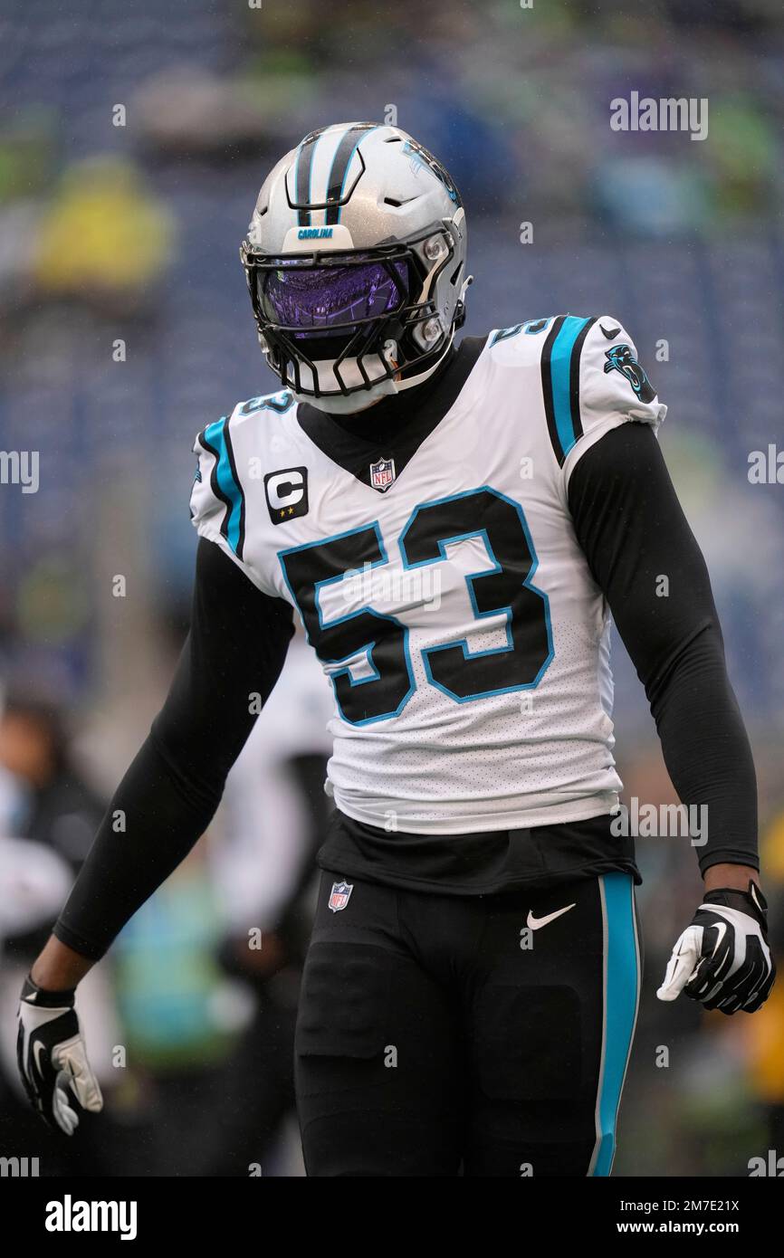 Carolina Panthers defensive end Brian Burns (53) warms up before an NFL ...