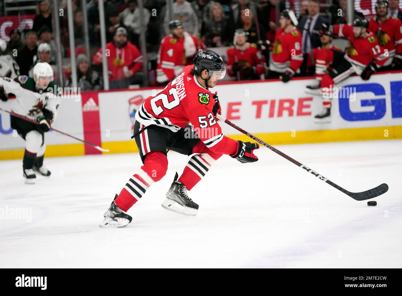 Chicago Blackhawks center Reese Johnson (52) handles the puck during ...