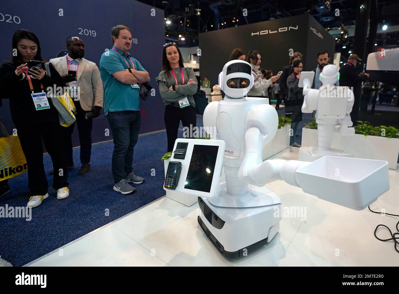 Aeo, a service robot from Aeolus Robotics is shown at the Aeolus booth ...