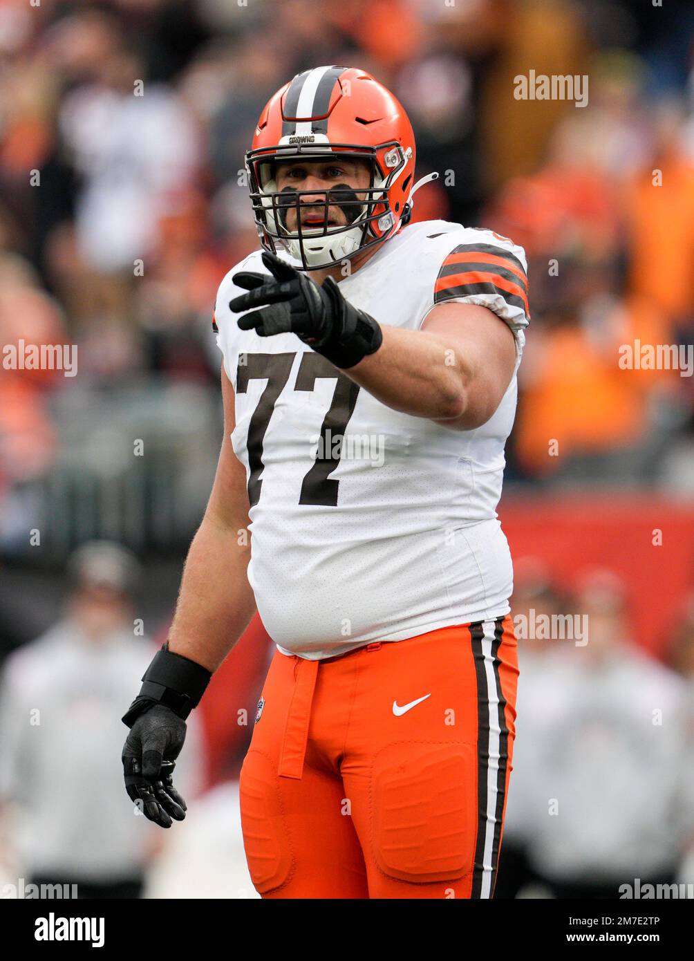 Cleveland Browns guard Wyatt Teller (77) reacts to a called foul during ...