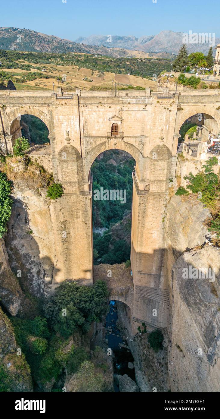 A view of Puente Nuevo (New Bridge) in Ronda from the air, Spain Stock ...