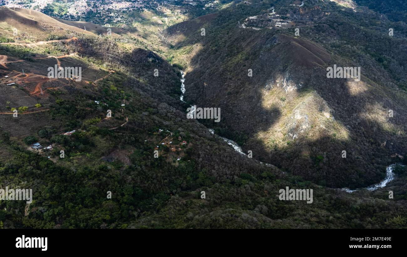 an aerial view over Mountains and River Stock Photo - Alamy