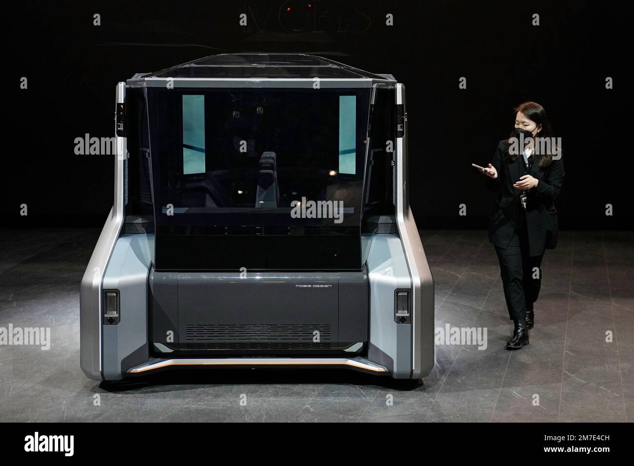 The M.Vision TO electric autonomous vehicle is on display at the Hyundai Mobis booth during the ...