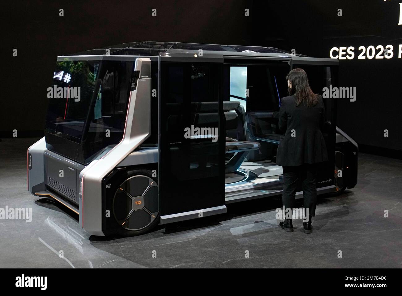 The M.Vision TO electric autonomous vehicle is on display at the Hyundai Mobis booth during the ...