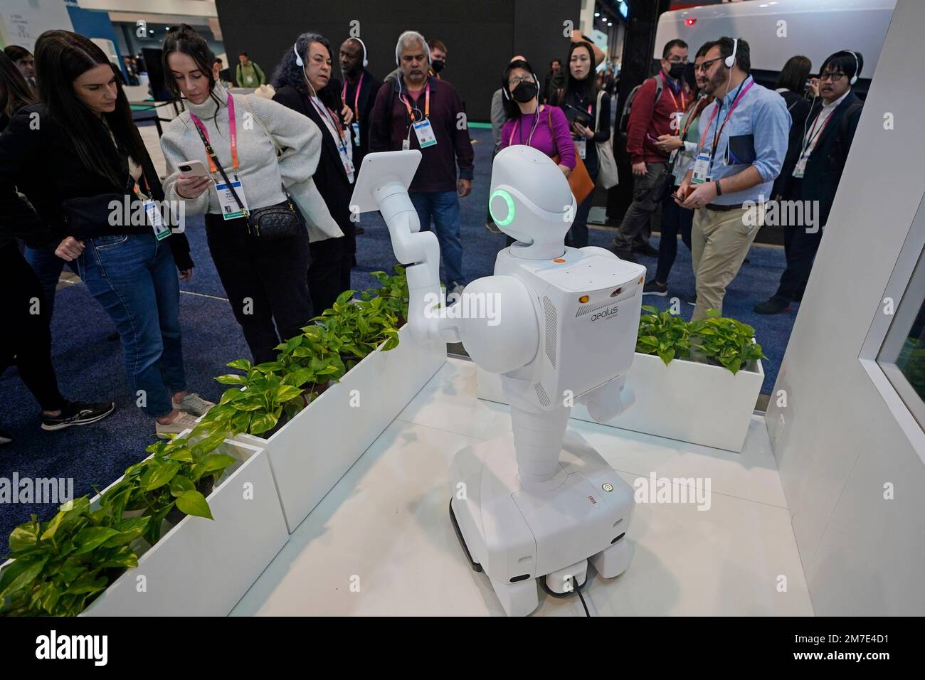 Aeo, a service robot from Aeolus Robotics is shown at the Aeolus booth ...