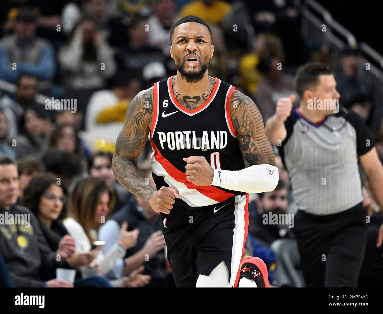 Portland Trail Blazers guard Damian Lillard (0) reacts during the ...