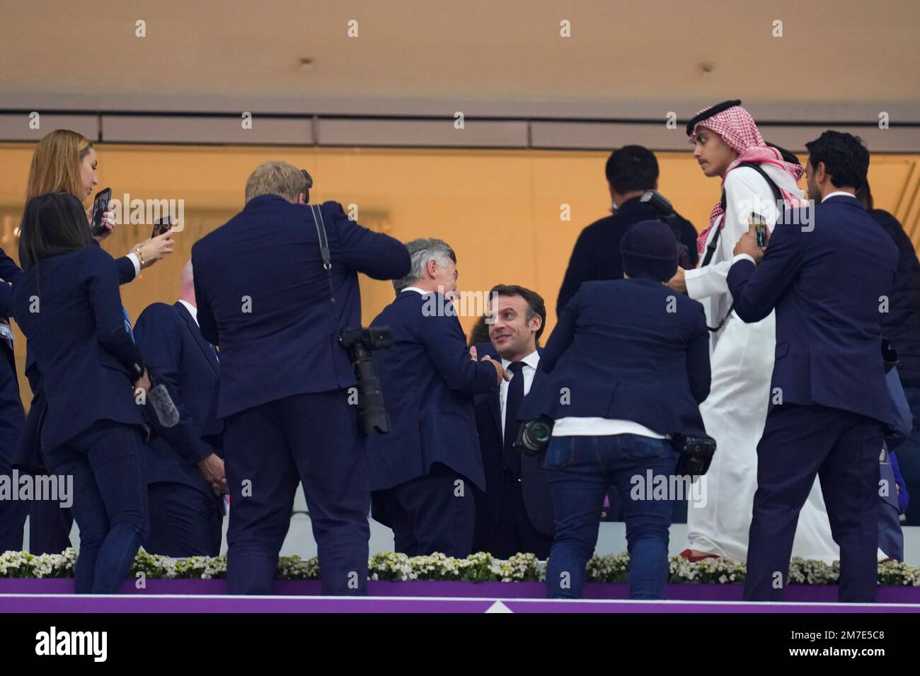 France's President Emmanuel Macron at the start of the World Cup semifinal soccer match between ...