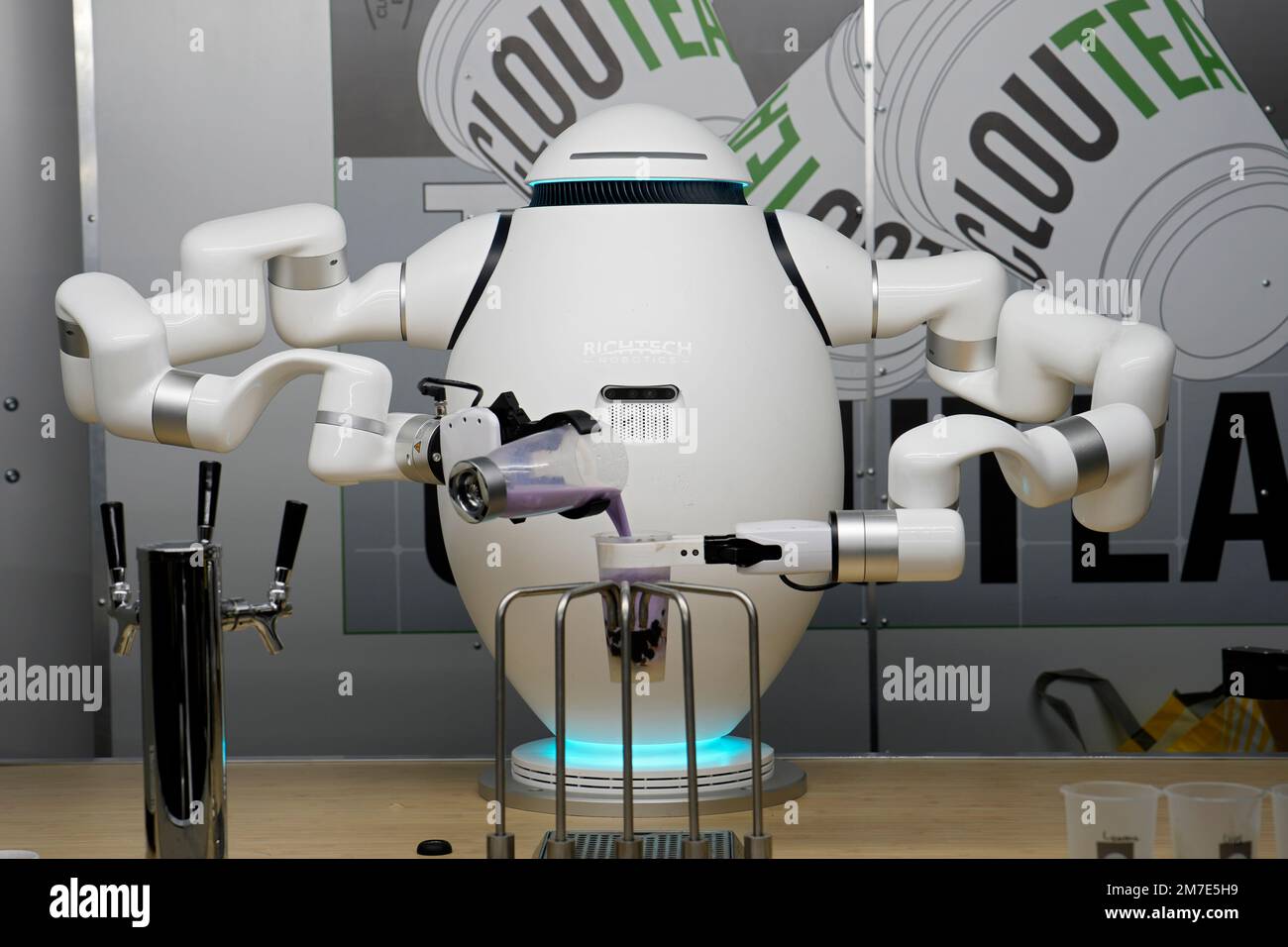 An ADAM beverage robot makes boba tea at the Richtech Robotics booth ...