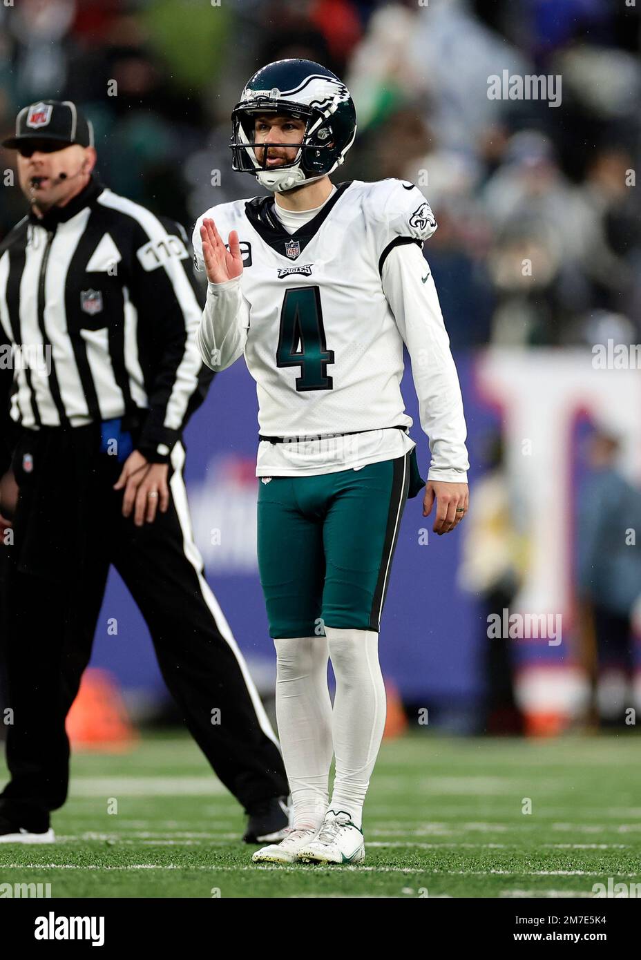 Philadelphia Eagles place kicker Jake Elliott (4) lines up a kick ...