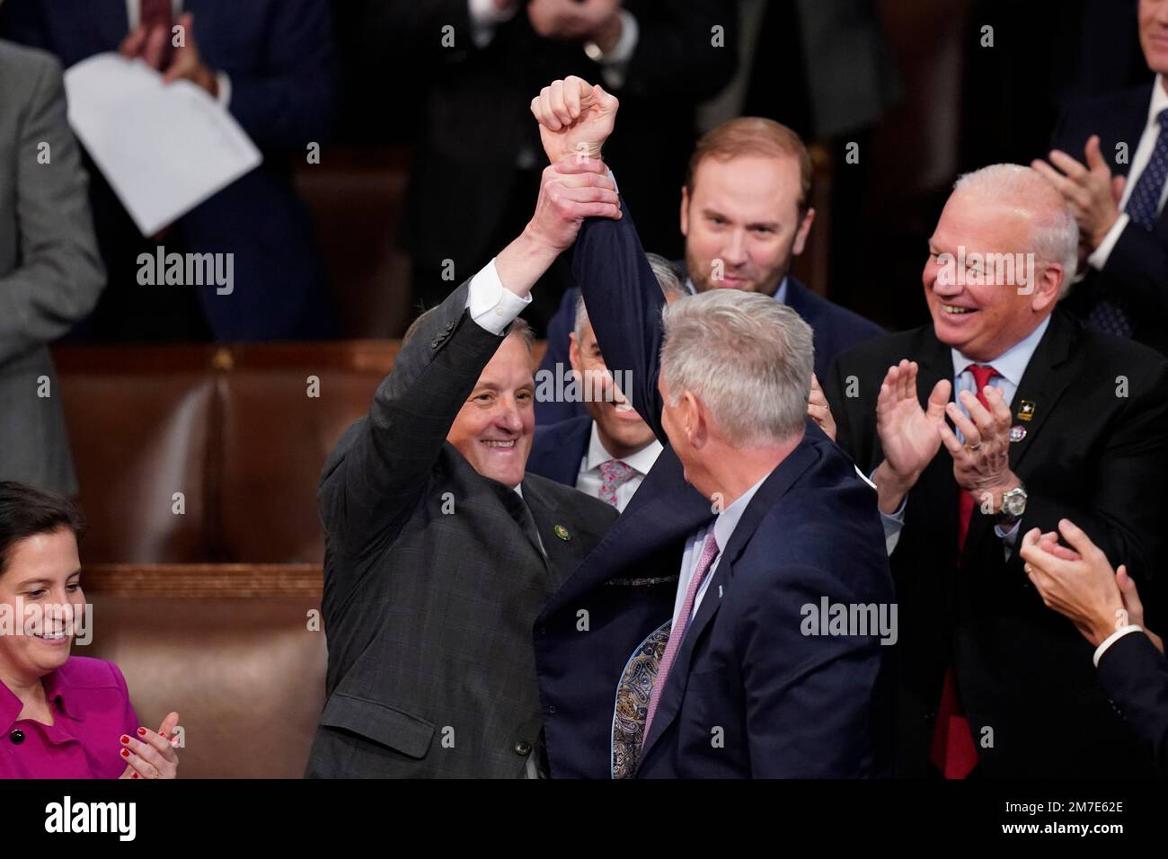 Rep. Kevin McCarthy, R-Calif., is congratulated after winning the 15th ...